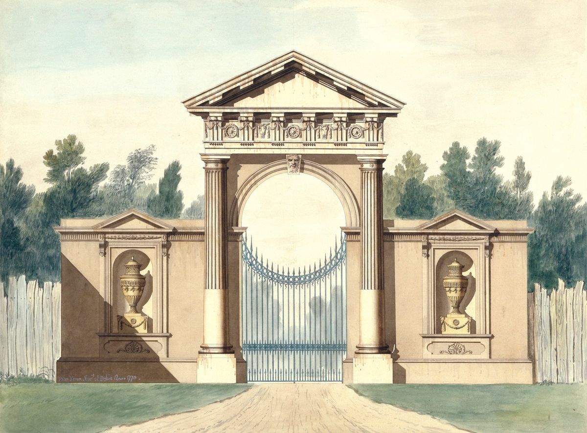 Design for pedimented Doric entrance gate with lodges and urns ...