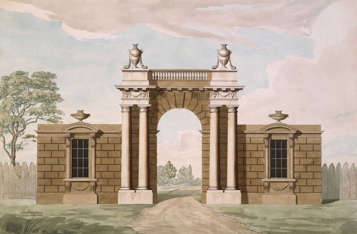 Design for Doric entrance gate with balustrade and urns and with lodges ...
