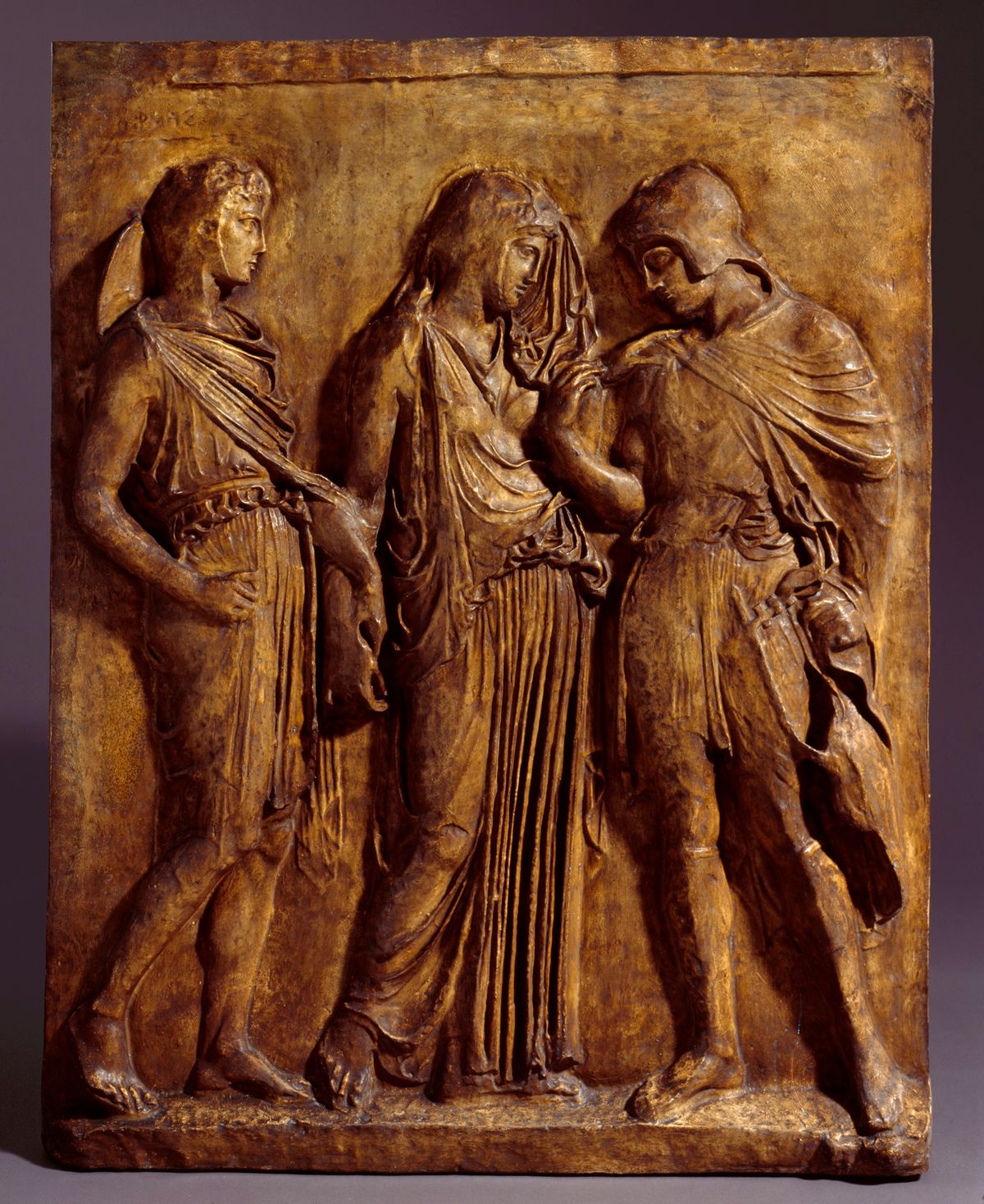Cast of three-figured relief depicting Hermes, Eurydice, and Orpheus ...